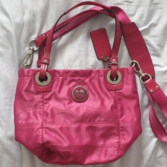 Coach | Bags | Coach Tote Bag Op Art Alex Fuchsia Sateen Patent Leather ...